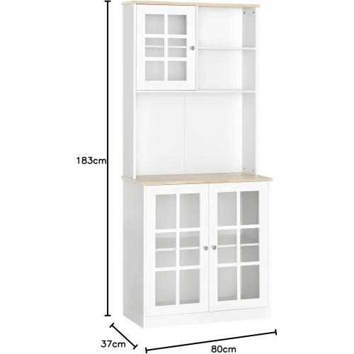 Buffet moderne bois MDF blanc, 2 vitrines, étagères réglables
