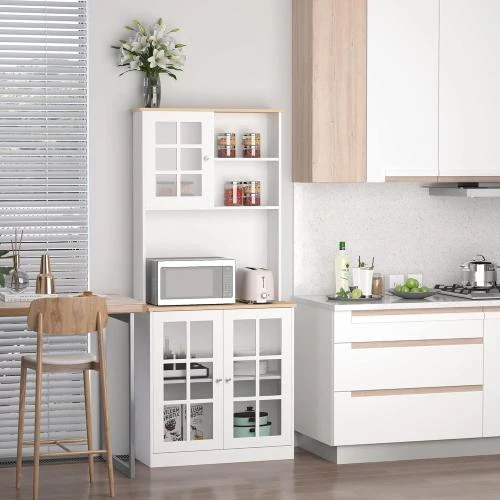 Buffet moderne bois MDF blanc, 2 vitrines, étagères réglables